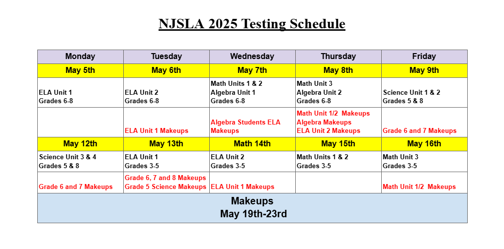 NJSLA Testing Schedule 2025 - Lafayette Street School