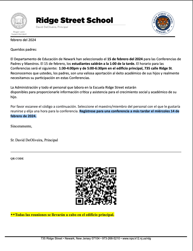 Parent Teacher Conferences Letter - Ridge Street
